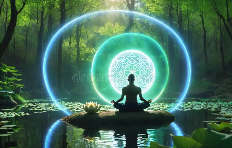 Monk in Lotus Pose Practicing Meditation in Spring Forest in Magic ...
