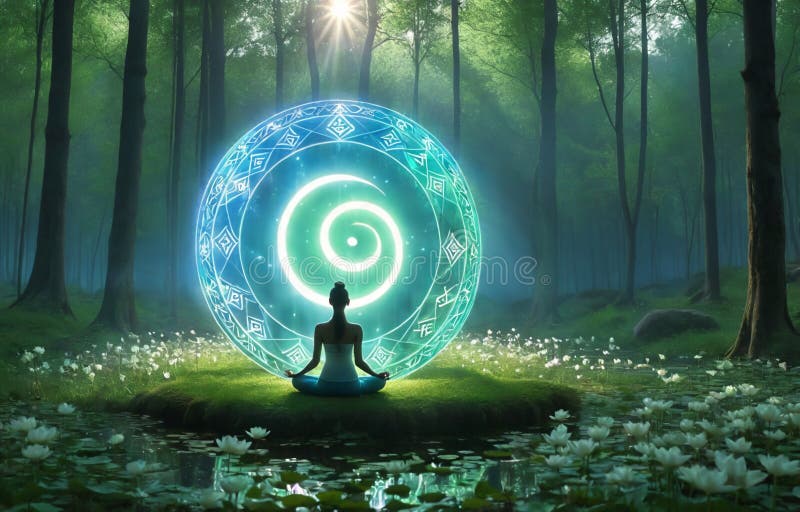 Monk in Lotus Pose Practicing Meditation in Spring Forest in Magic ...