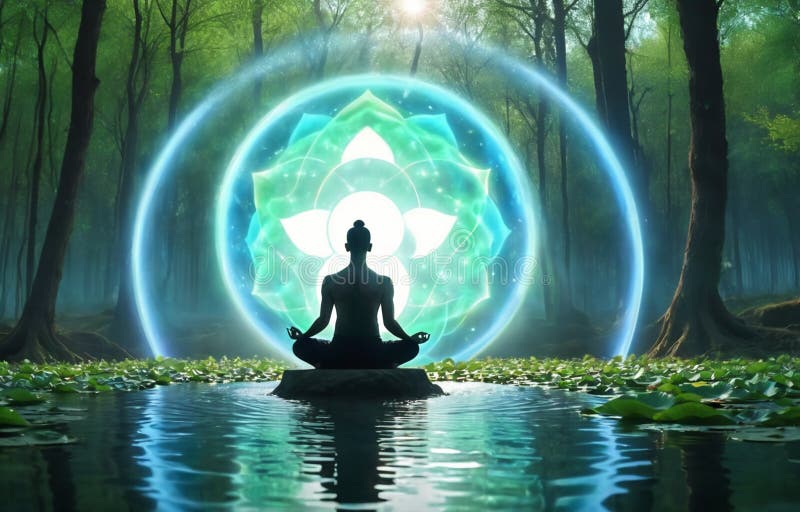 Monk in Lotus Pose Practicing Meditation in Spring Forest in Magic ...