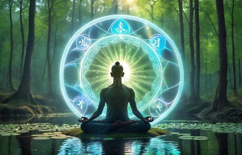 Monk in Lotus Pose Practicing Meditation in Spring Forest in Magic ...