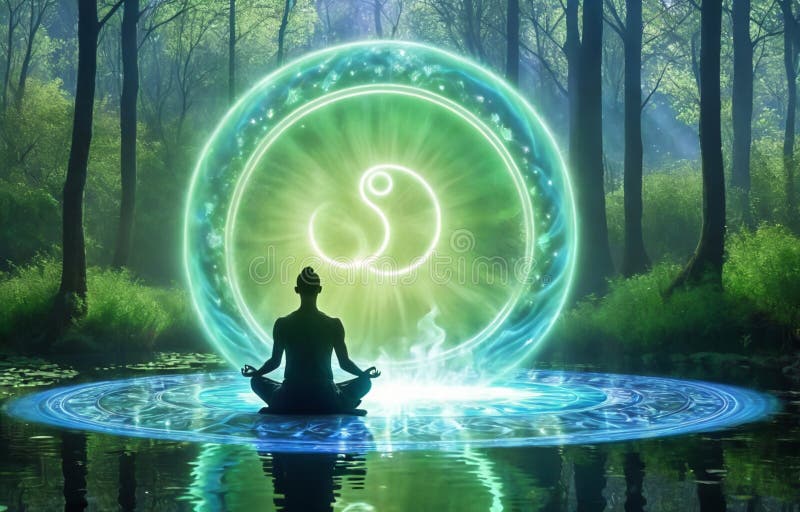 Monk in Lotus Pose Practicing Meditation in Spring Forest in Magic ...