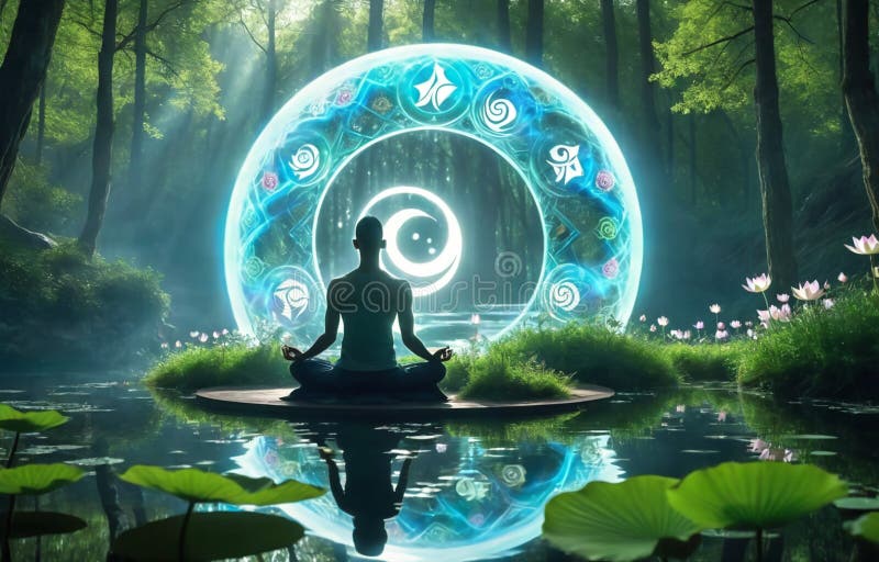 Monk in Lotus Pose Practicing Meditation in Spring Forest in Magic ...