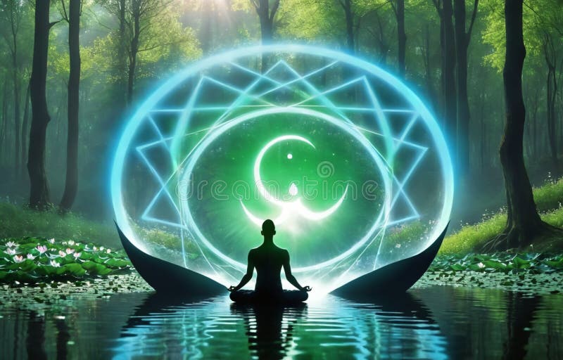 Monk in Lotus Pose Practicing Meditation in Spring Forest in Magic ...