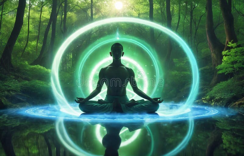 Monk in Lotus Pose Practicing Meditation in Spring Forest in Magic ...