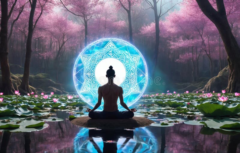 Monk in Lotus Pose Practicing Meditation in Spring Forest in Magic ...