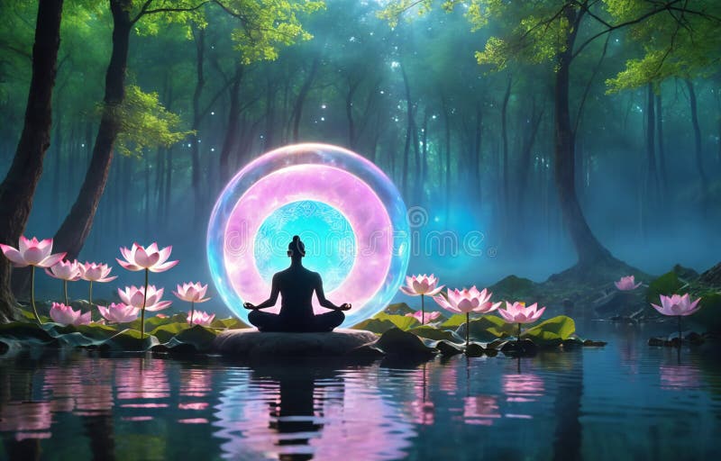 Monk in Lotus Pose Practicing Meditation in Spring Forest in Magic ...