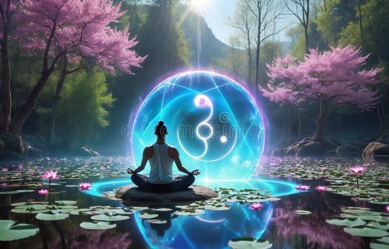 Monk in Lotus Pose Practicing Meditation in Spring Forest in Magic ...