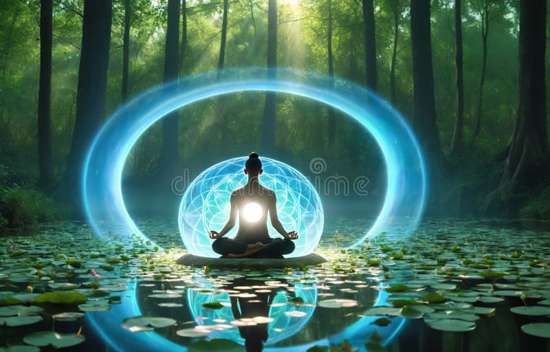 Monk in Lotus Pose Practicing Meditation in Spring Forest in Magic ...