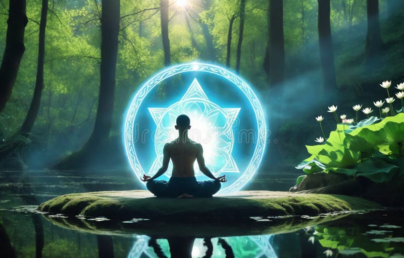 Monk in Lotus Pose Practicing Meditation in Spring Forest in Magic ...
