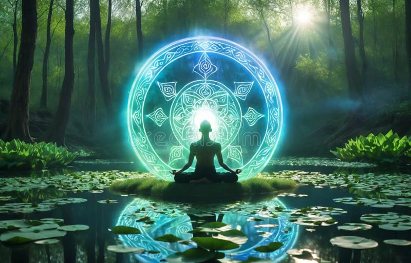 Monk in Lotus Pose Practicing Meditation in Spring Forest in Magic ...