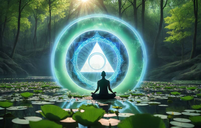 Monk in Lotus Pose Practicing Meditation in Spring Forest in Magic ...