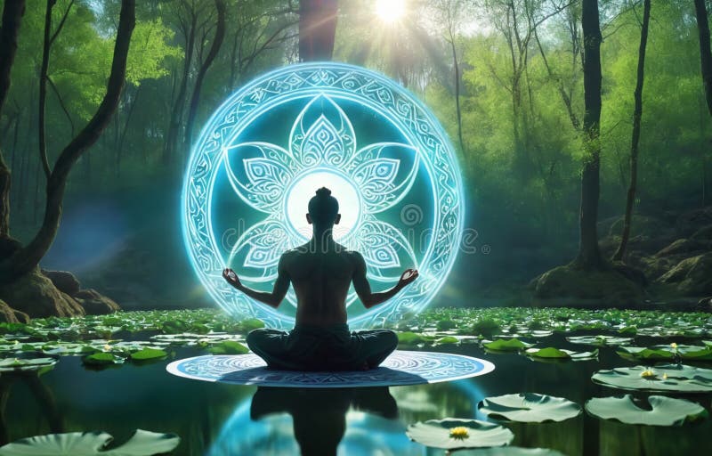 Monk in Lotus Pose Practicing Meditation in Spring Forest in Magic ...