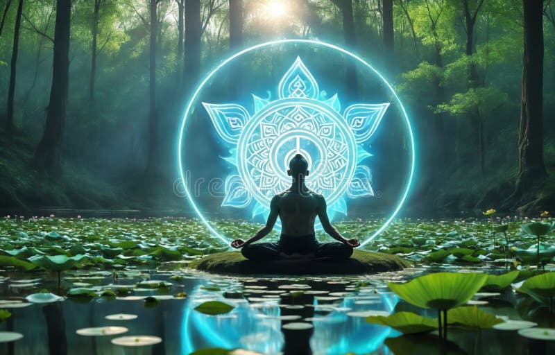 Monk in Lotus Pose Practicing Meditation in Spring Forest in Magic ...