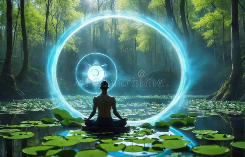 Monk in Lotus Pose Practicing Meditation in Spring Forest in Magic ...