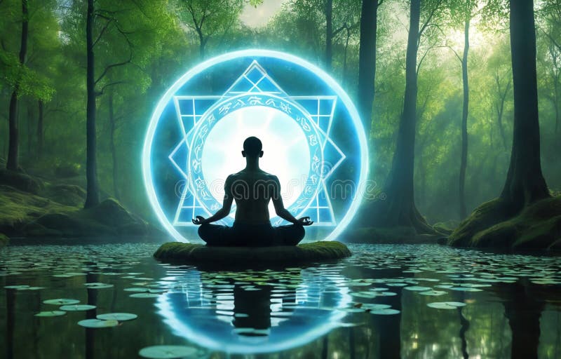 Monk in Lotus Pose Practicing Meditation in Spring Forest in Magic ...