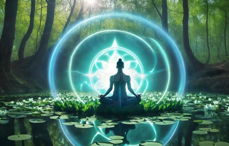 Monk in Lotus Pose Practicing Meditation in Spring Forest in Magic ...