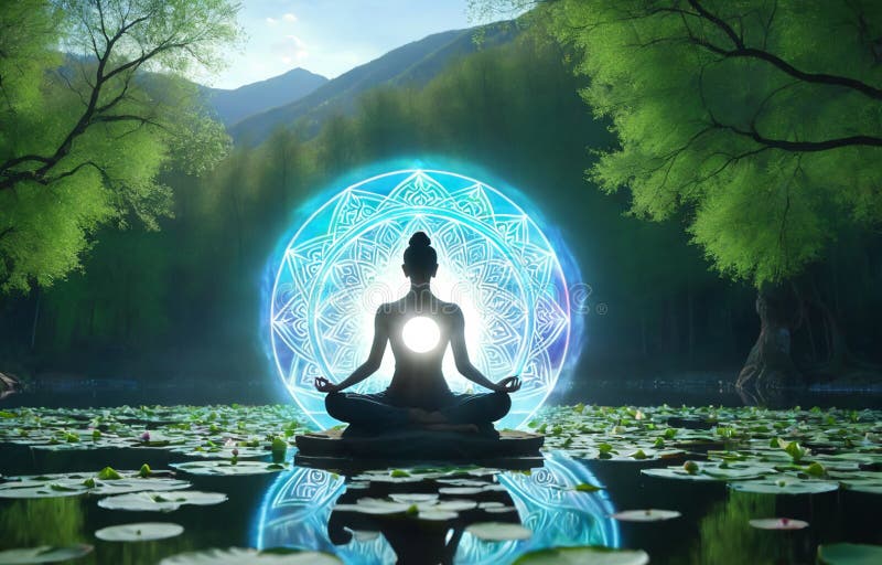 Monk in Lotus Pose Practicing Meditation in Spring Forest in Magic ...