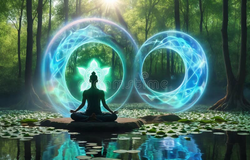 Monk in Lotus Pose Practicing Meditation in Spring Forest in Magic ...