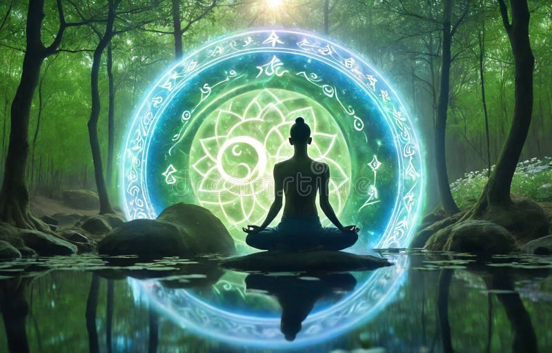 Monk in Lotus Pose Practicing Meditation in Spring Forest in Magic ...