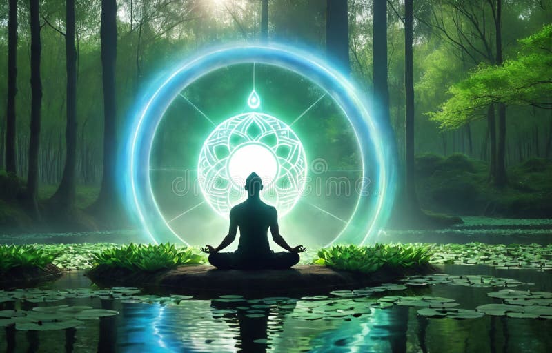 Monk in Lotus Pose Practicing Meditation in Spring Forest in Magic ...