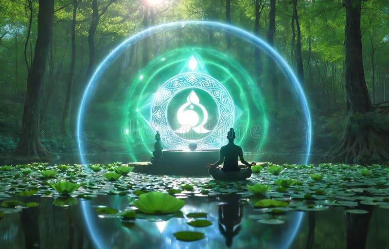 Monk in Lotus Pose Practicing Meditation in Spring Forest in Magic ...