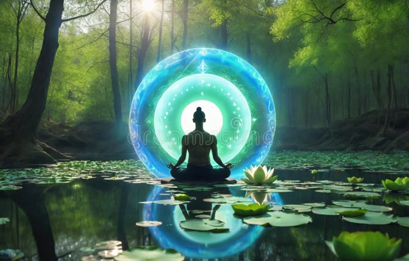 Monk in Lotus Pose Practicing Meditation in Spring Forest in Magic ...