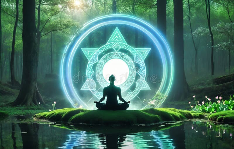 Monk in Lotus Pose Practicing Meditation in Spring Forest in Magic ...