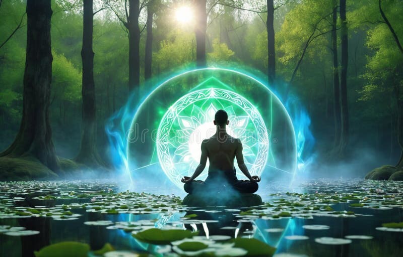 Monk in Lotus Pose Practicing Meditation in Spring Forest in Magic ...