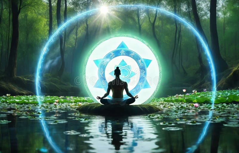 Monk in Lotus Pose Practicing Meditation in Spring Forest in Magic ...