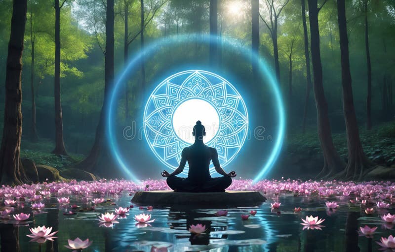 Monk in Lotus Pose Practicing Meditation in Spring Forest in Magic ...