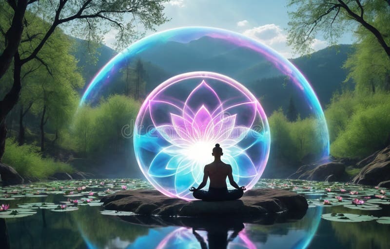 Monk in Lotus Pose Practicing Meditation in Spring Forest in Magic ...