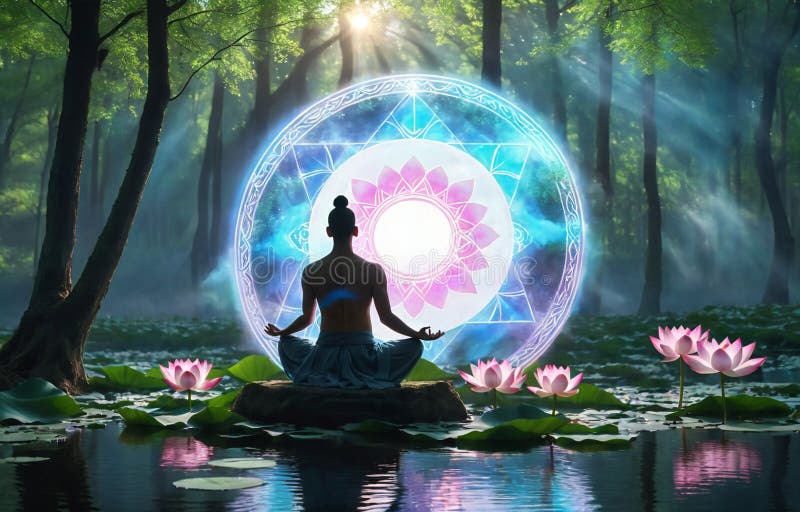 Monk in Lotus Pose Practicing Meditation in Spring Forest in Magic ...