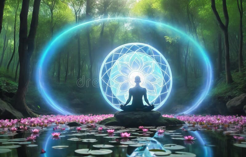 Monk in Lotus Pose Practicing Meditation in Spring Forest in Magic ...