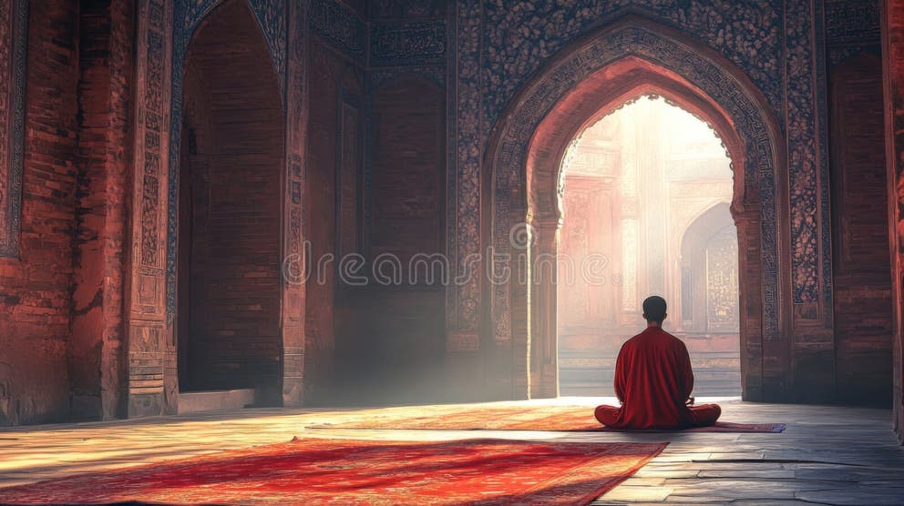 Monk Meditates in Ancient Temple Architecture Stock Illustration ...