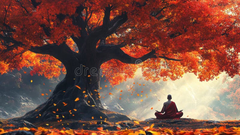 A Monk Meditating in Autumnal Forest Under a Large Tree Stock ...