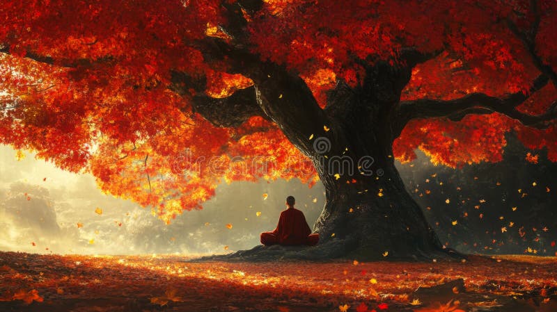 A Monk Meditating Beneath an Autumn Tree Stock Illustration ...