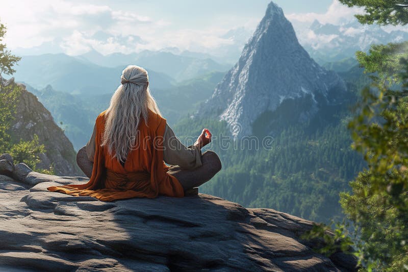 Monk Meditating on a Cliff Overlooking a Mountain Range Stock Photo ...