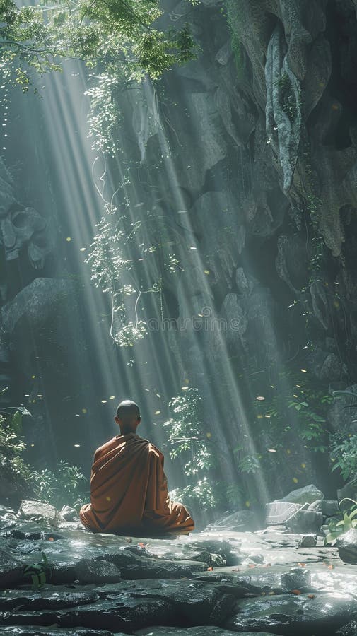 Monk Meditating in Forest with Sunlight Rays, Serene and Contemplative ...