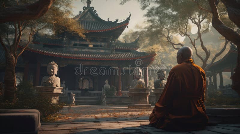 A Monk Meditating in Front of a Chinese Temple. Generative AI Stock ... A Monk Meditating in Front of a Chinese Temple. Generative AI Stock ...