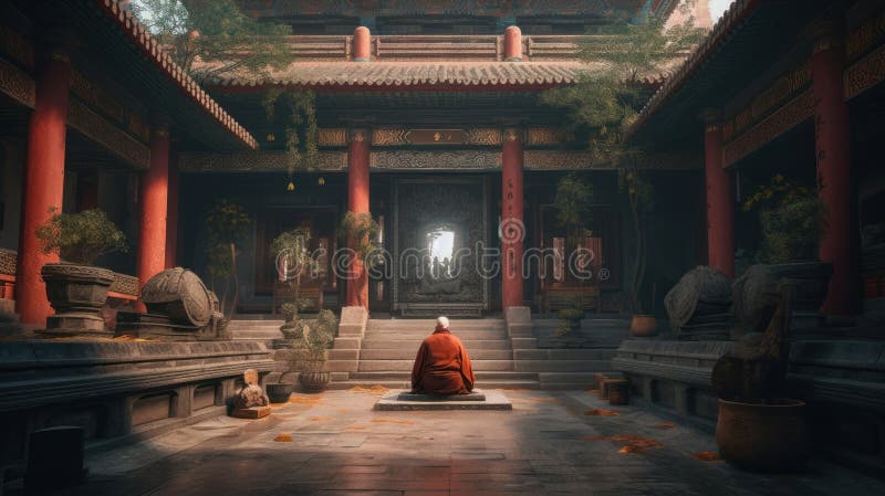 A Monk Meditating in Front of a Chinese Temple. Generative AI Stock ... A Monk Meditating in Front of a Chinese Temple. Generative AI Stock ...