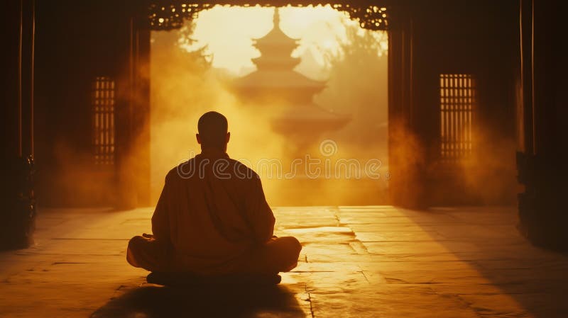 Monk Meditating in a Temple at Sunrise with Golden Light Stock ...