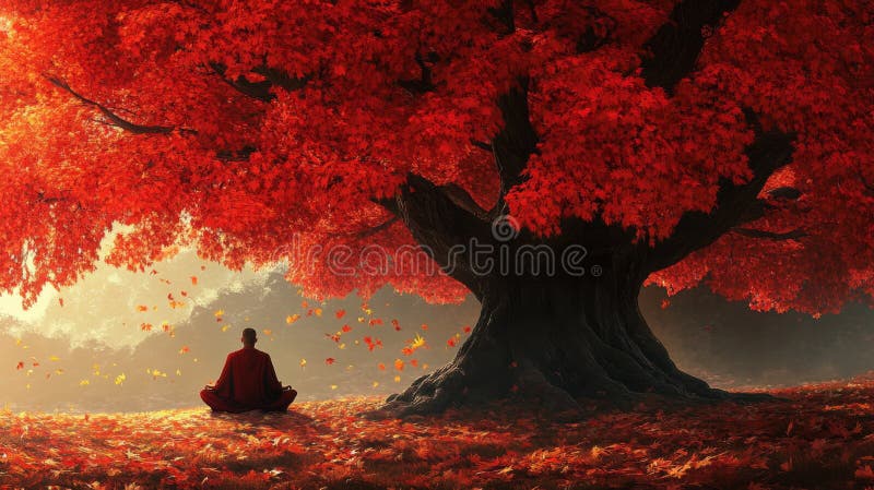 A Monk Meditating Underneath a Crimson Maple Tree Stock Illustration ...
