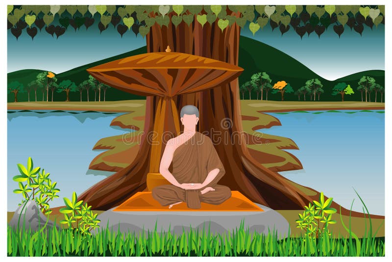 Buddha Meditation Under the Tree Vector Design,in Front of the River ...