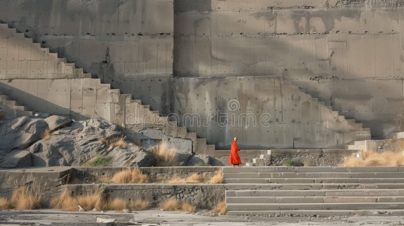Monk in Orange Robe Ascends the Broad Steps of a Temple Complex, Area ...