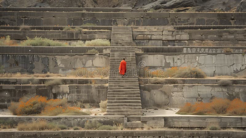 Monk in Orange Robe Ascends the Broad Steps of a Temple Complex, Area ...
