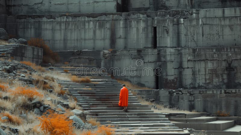 Monk in Orange Robe Ascends the Broad Steps of a Temple Complex, Area ...