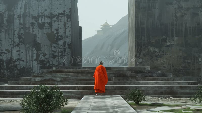 Monk in Orange Robe Ascends the Broad Steps of a Temple Complex, Area ...