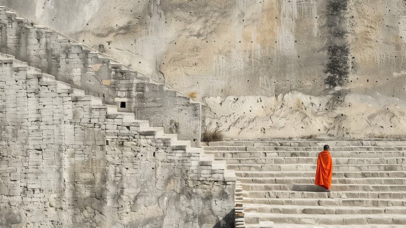 Monk in Orange Robe Ascends the Broad Steps of a Temple Complex, Area ...