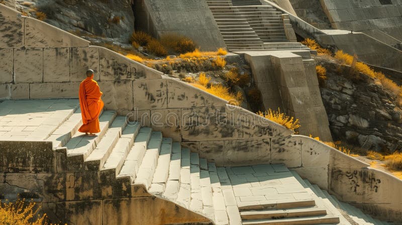 Monk in Orange Robe Ascends the Broad Steps of a Temple Complex, Area ...