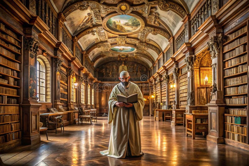 Monk Studying Ancient Manuscripts in an Ornate Monastery Library with ...
